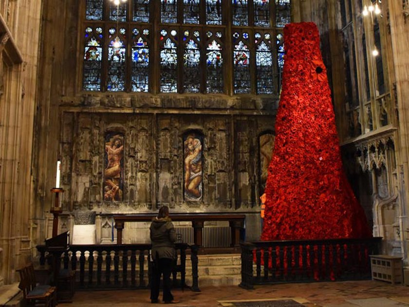 GCHQ Poppyfall Cascade for World War I centenary at Gloucester Cathedral